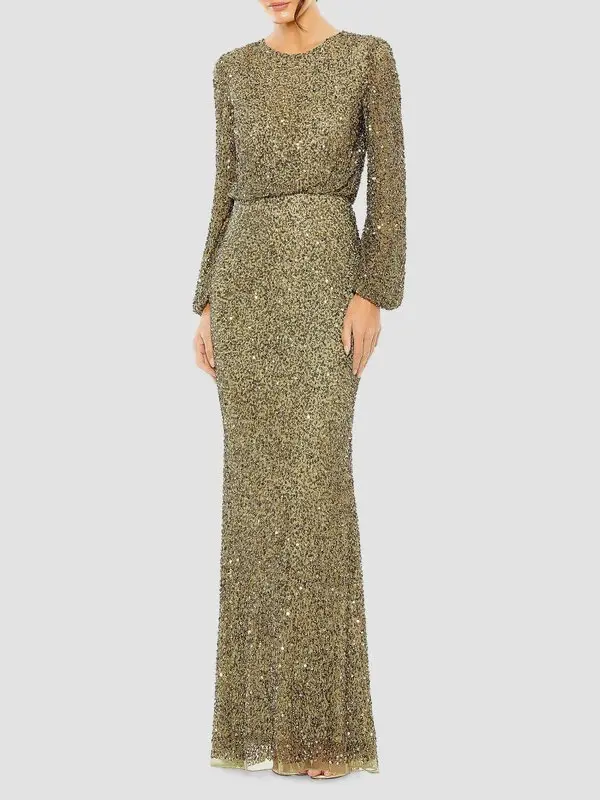 Mac Duggal Sequined Blouson Column Gown - Olive