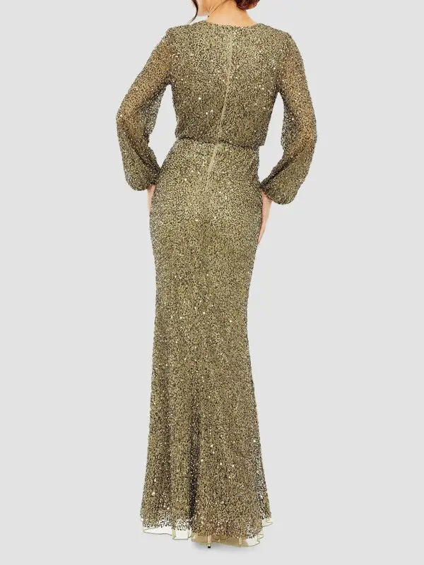 Mac Duggal Sequined Blouson Column Gown - Olive