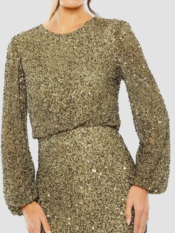Mac Duggal Sequined Blouson Column Gown - Olive