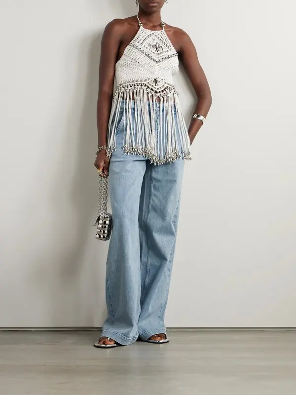 Rabanne Fringed Embellished Macramé Halterneck Top