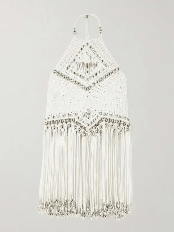 Rabanne Fringed Embellished Macramé Halterneck Top