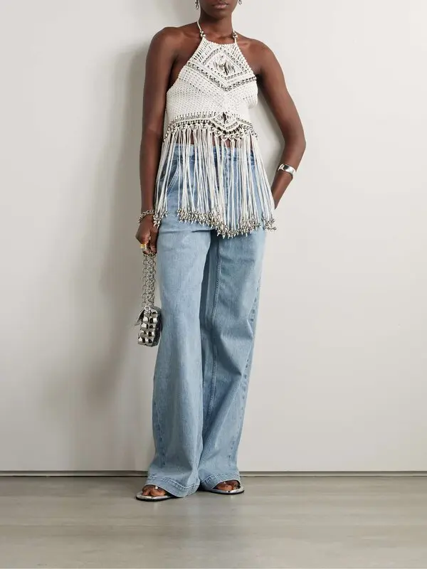 Rabanne Fringed Embellished Macramé Halterneck Top