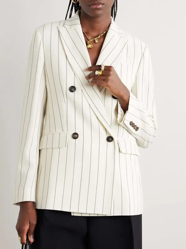 Brunello Cucinelli Panama Pinstriped Grain De Poudre Wool Blazer - White