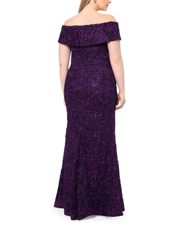 Xscape Off-The-Shoulder Embroidered Lace Gown In Mulberry - 66% Off