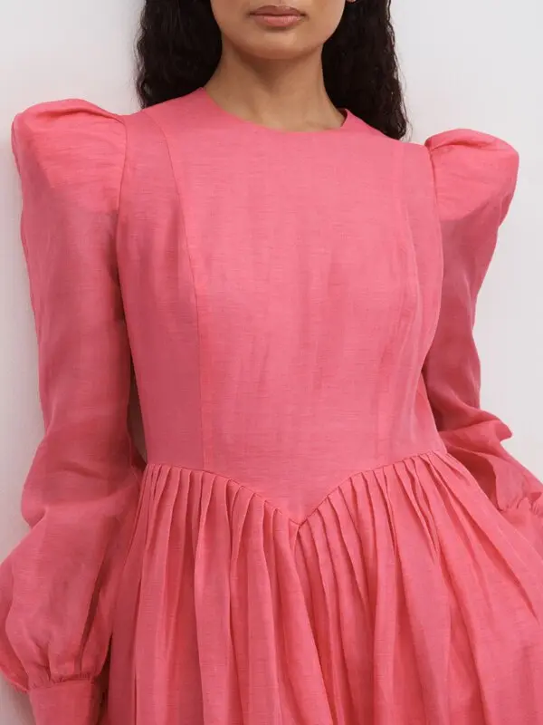 LEO LIN Jordana Silk-linen Bishop Sleeve Midi Dress