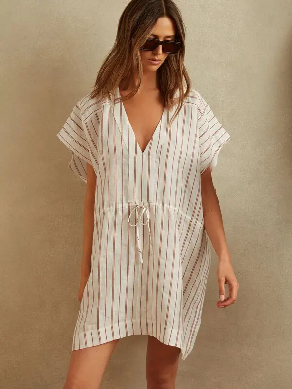 REISS Romy Linen-cotton Striped Kaftan - Cream/brown