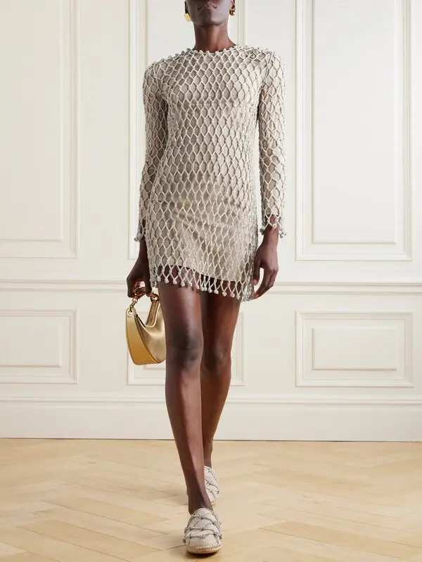 valentino silver mini dress VALENTINO GARAVANI Embellished wool and silk-blend crepe mini dress