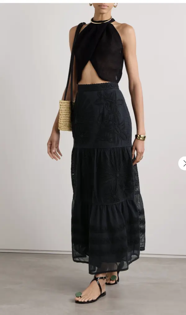 EMPORIO SIRENUSE Elda Tiered Embellished Embroidered Cotton-mesh Maxi Skirt