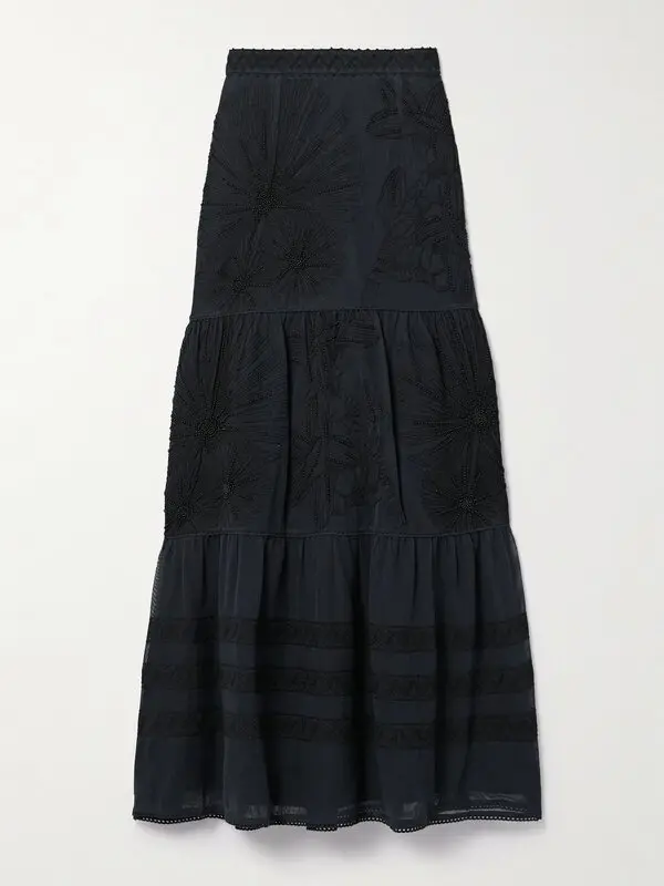 EMPORIO SIRENUSE Elda Tiered Embellished Embroidered Cotton-mesh Maxi Skirt