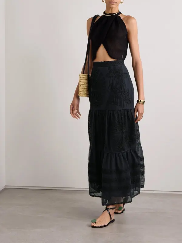 EMPORIO SIRENUSE Elda Tiered Embellished Embroidered Cotton-mesh Maxi Skirt