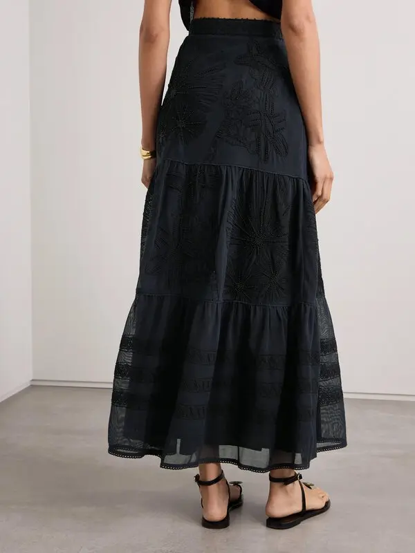 EMPORIO SIRENUSE Elda Tiered Embellished Embroidered Cotton-mesh Maxi Skirt