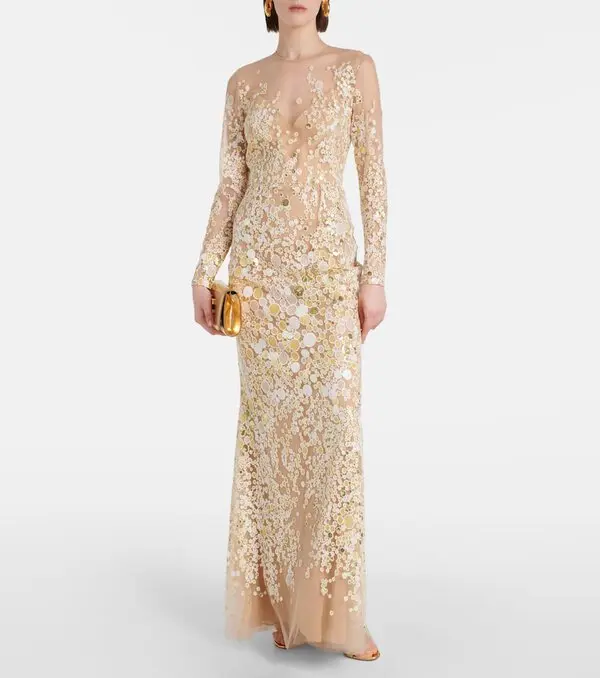 Elie Saab Atom Sequined Embroidered Tulle Gown