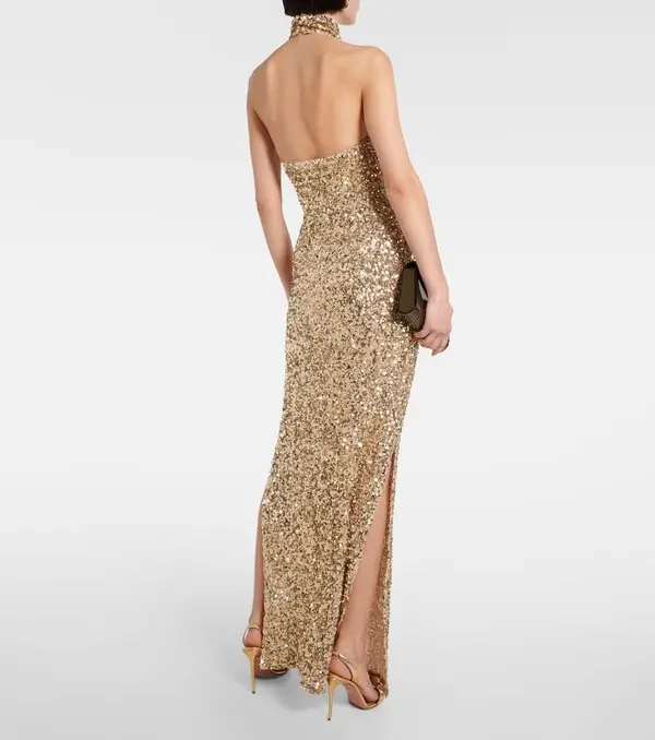 Rotate By Birger Christensen Sequined Halterneck Gown - Gold | Editorialist