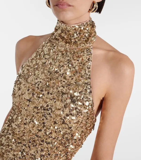 rotate gold sequin dress BY BIRGER CHRISTENSEN Sequined Halterneck Gown - fashion presentation mini dress