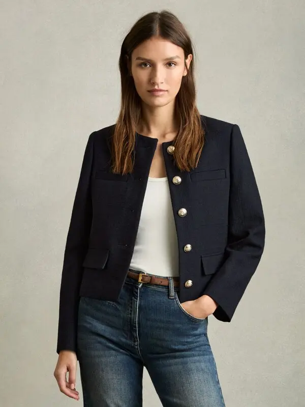 REISS Nola Cropped Wool Jacket - Navy
