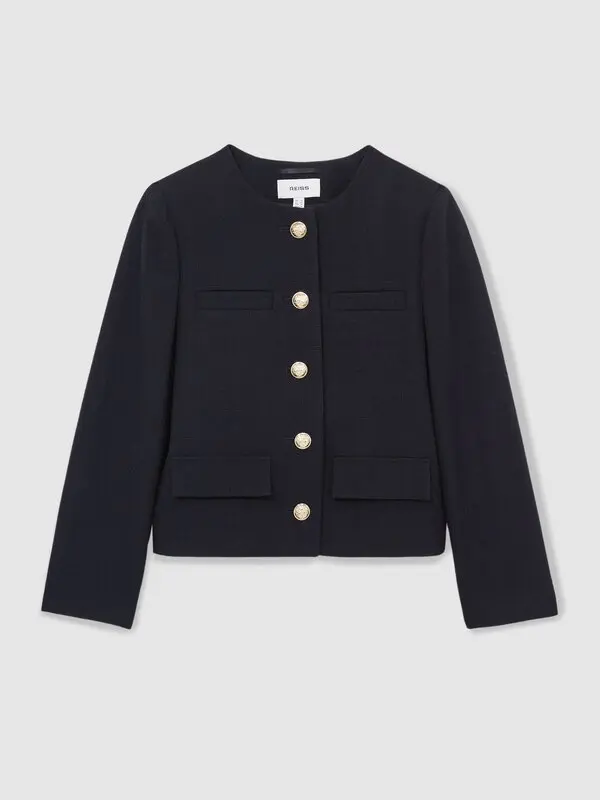 REISS Nola Cropped Wool Jacket - Navy