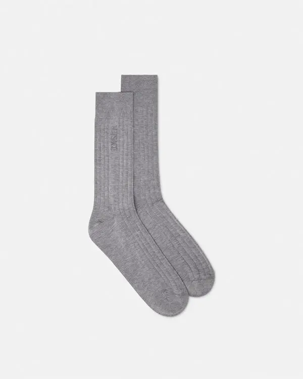 Versace Embroidered Ribbed Cotton Socks - Gray