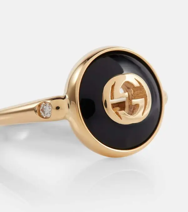Gucci Interlocking G 18kt Ring With Onyx And White Diamonds - Gold