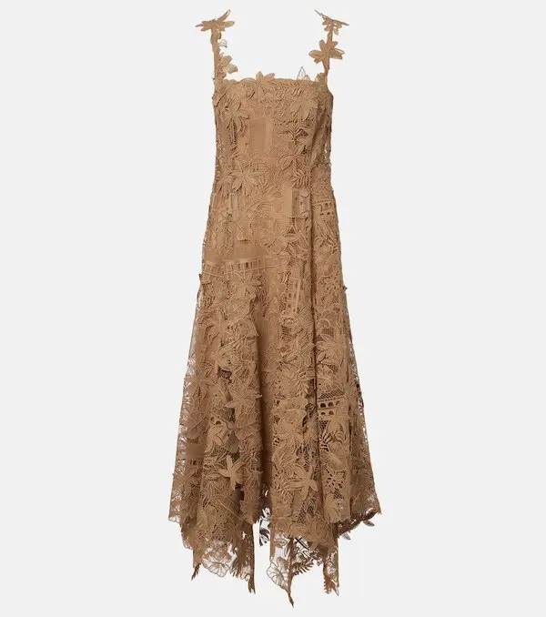 Oscar De La Renta Floral Guipure Lace Midi Dress - Brown