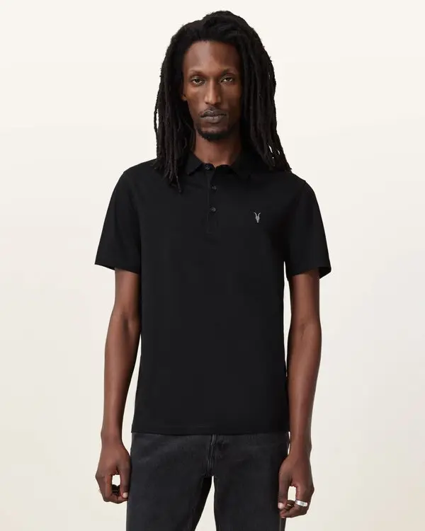 All Saints Reid Short Sleeve Polo Shirt In Jet Black 20% Off