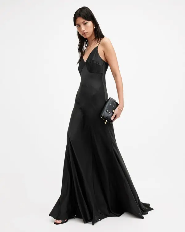 allsaints lili maxi dress AllSaints Womens LILI Maxi Dress Black 0 at Amazon Women's Clothing store