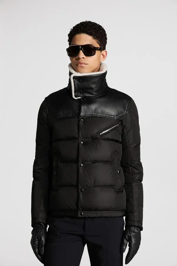 Moncler Leo Hooded Shearling Down Biker Jacket - Black | Editorialist