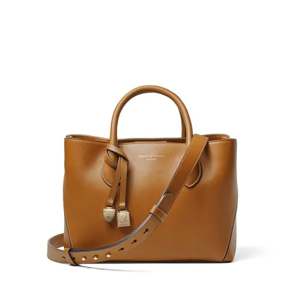 ASPINAL OF LONDON Midi London Tote In Pebble With Engravable Charm - Tan