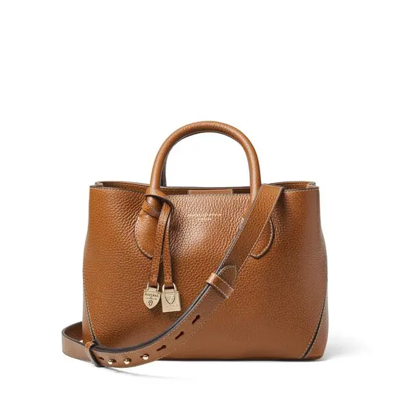 ASPINAL OF LONDON Midi London Tote In Pebble With Engravable Charm - Tan