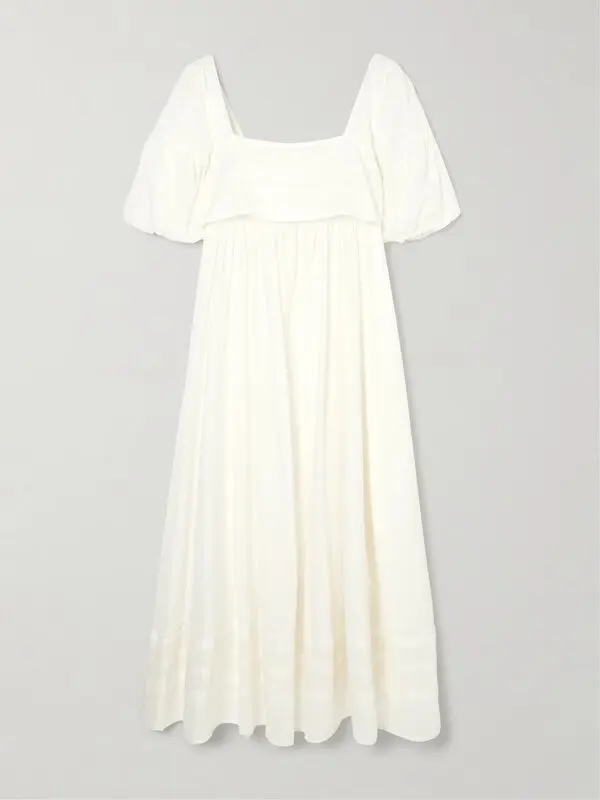 Staud Darla Pleated Layered Cotton-Voile Midi Dress - Ivory | Editorialist