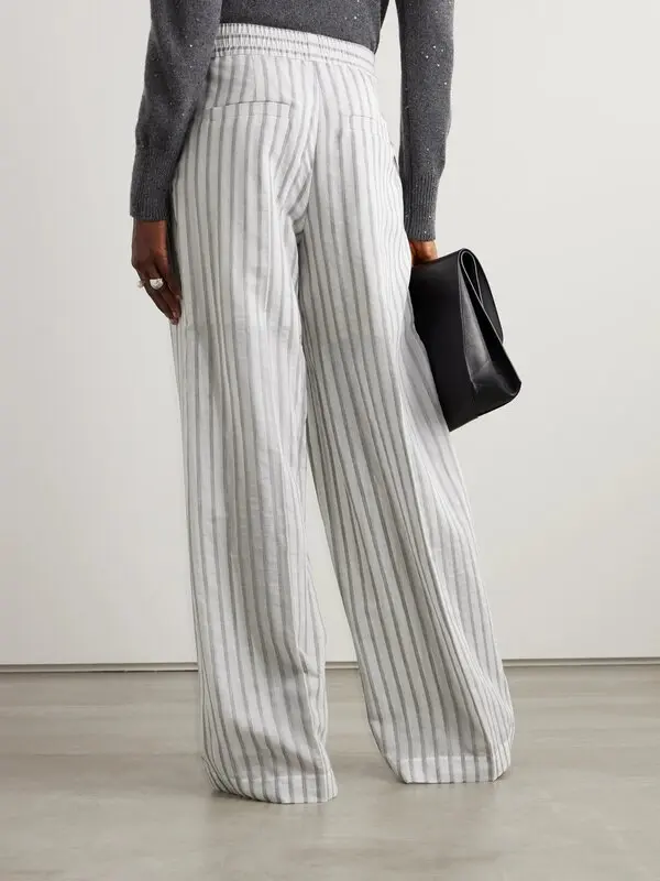 Brunello Cucinelli Pleated Striped Cotton And Silk-blend Wide-leg Pants