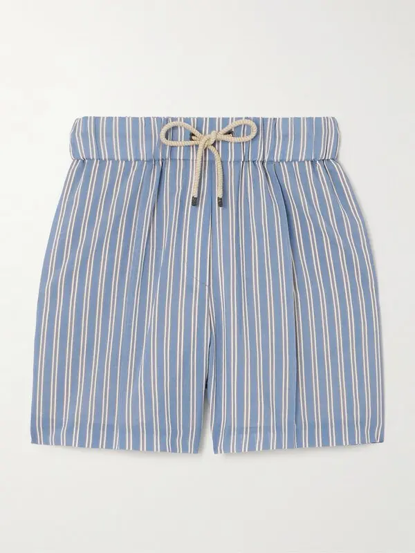 Brunello Cucinelli Pleated Striped Cotton And Silk-blend Shorts - Blue