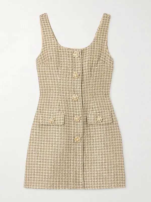 Self-Portrait Sequin-Embellished Checked Metallic Boucl-Tweed Mini Dress  In Gold - 50% Off | Editorialist