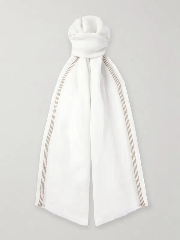 Loro Piana Zamami Embroidered Herringbone Linen Scarf - White