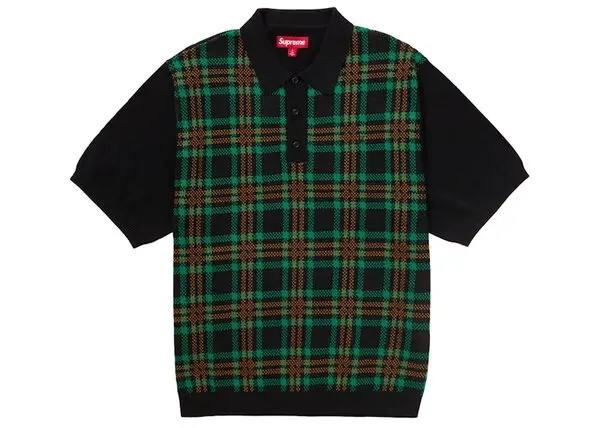 Supreme Plaid Knit Short Sleeve Polo Shirt - Black