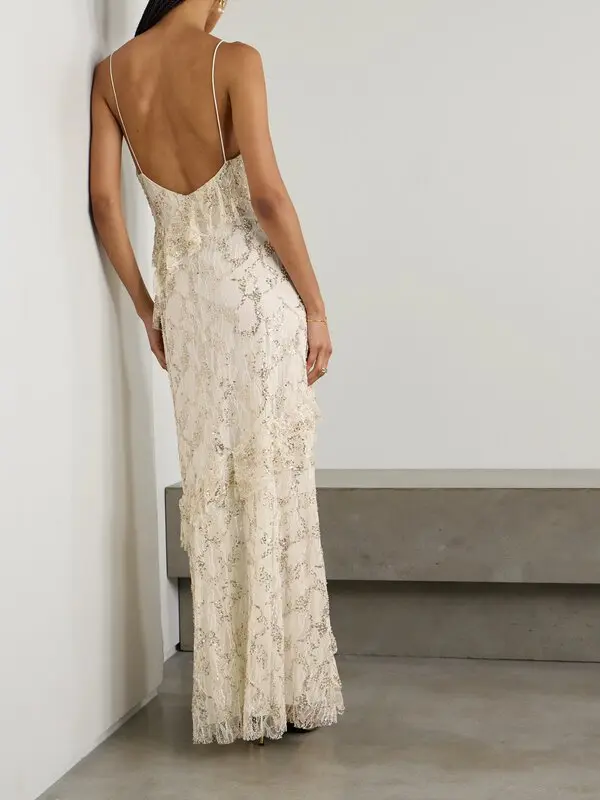 Loveshackfancy Kareen Ruffled Sequined Chantilly Lace Maxi Dress In Cream -  50% Off | Editorialist