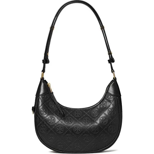 Tory Burch T-monogram Embossed Crescent Shoulder Bag - Black