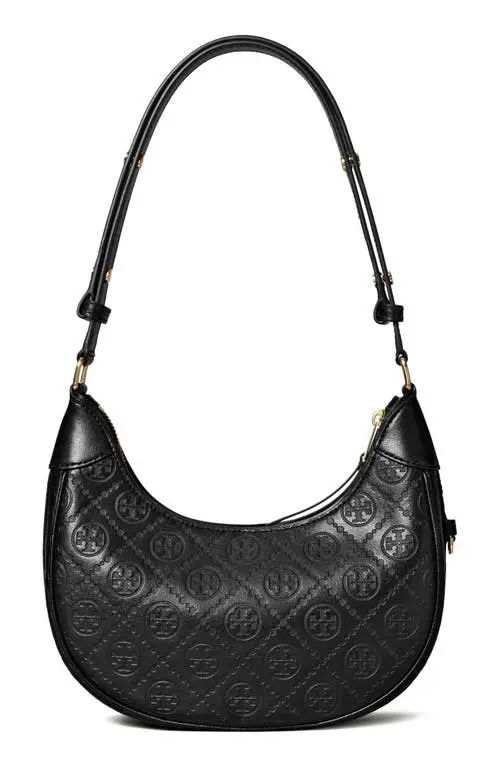 Tory Burch T-monogram Embossed Crescent Shoulder Bag - Black