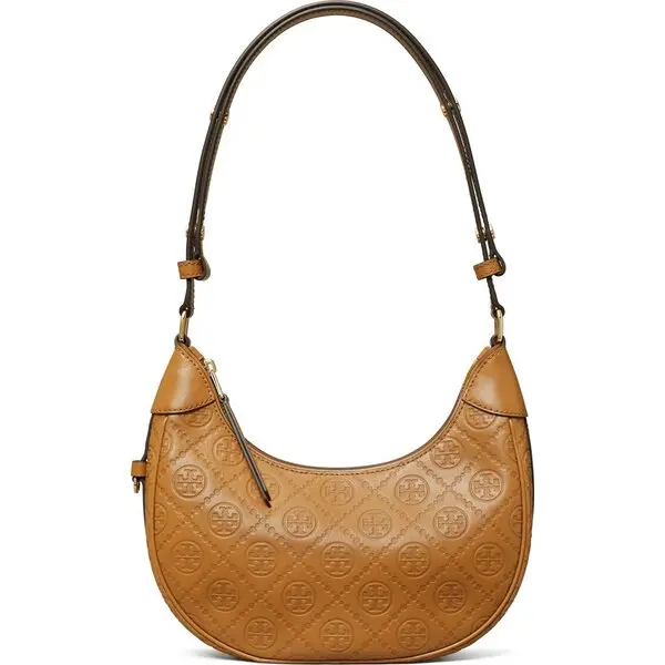 Tory Burch T-monogram Embossed Crescent Shoulder Bag - Tan