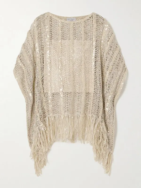 Brunello Cucinelli Fringed Sequin-embellished Open-knit Top - Neutrals