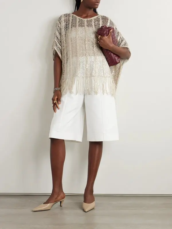 Brunello Cucinelli Fringed Sequin-embellished Open-knit Top - Neutrals