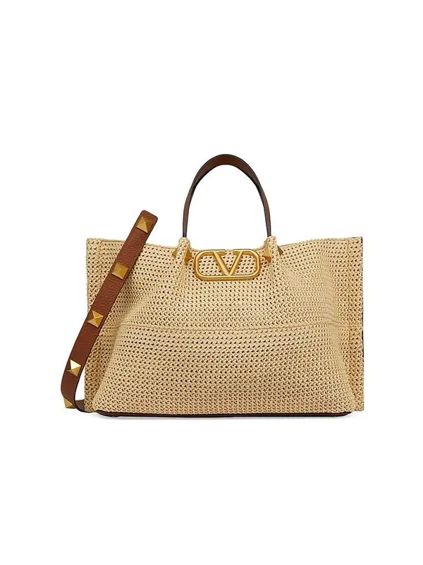 Valentino Garavani Straw Tote Bag - Saddle Brown Natural