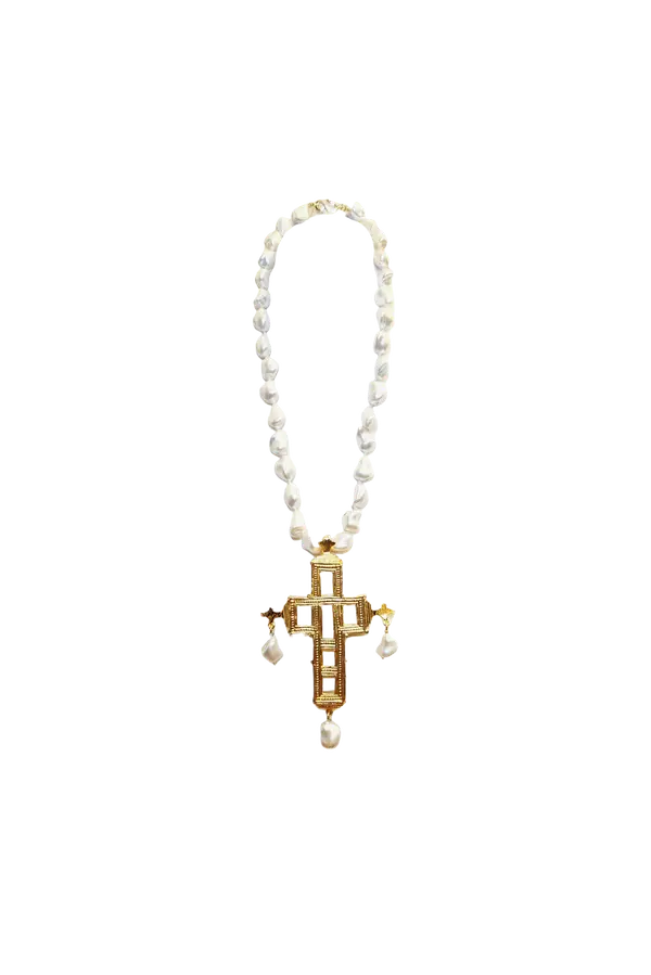 KENNETH JAY LANE Baroque Pearl Cross Necklace - Gold