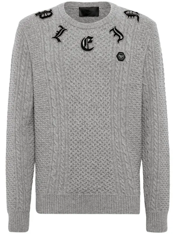 Philipp Plein Logo-appliqué Cable-knit Jumper - Grey