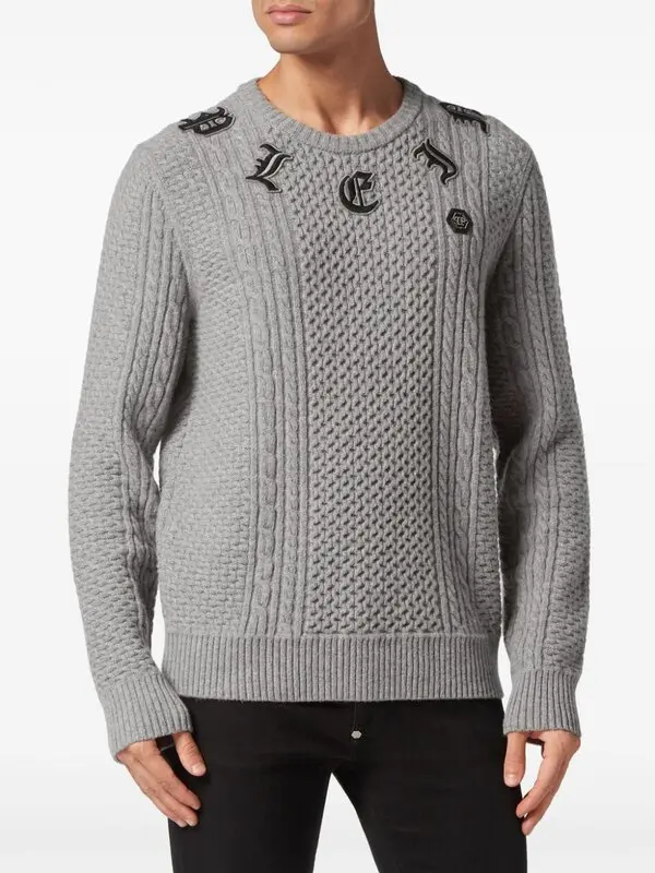 Philipp Plein Logo-appliqué Cable-knit Jumper - Grey