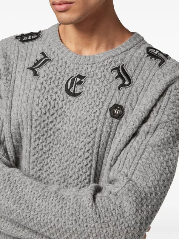 Philipp Plein Logo-appliqué Cable-knit Jumper - Grey