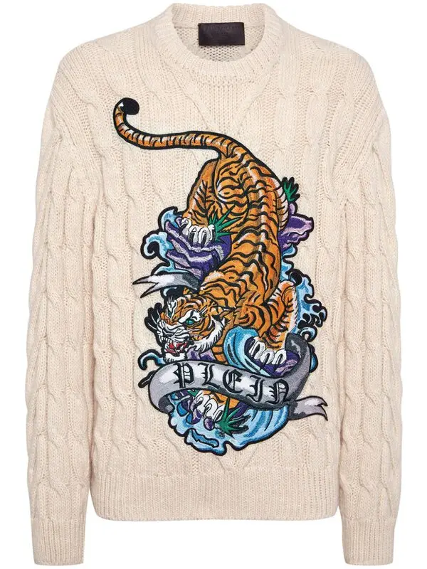 Philipp Plein Tattoo-print Cable-knit Jumper - Neutrals