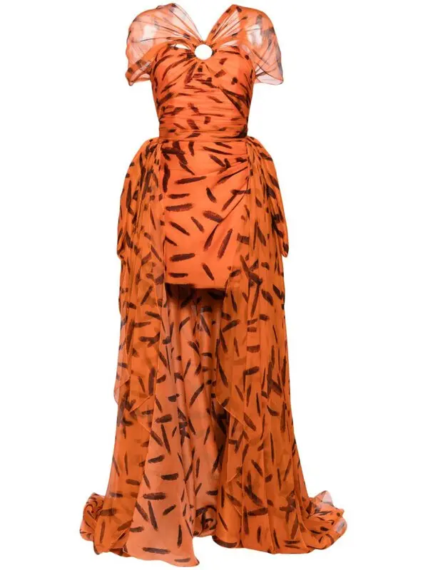ISABEL SANCHIS Feather-print Draped Silk Gown