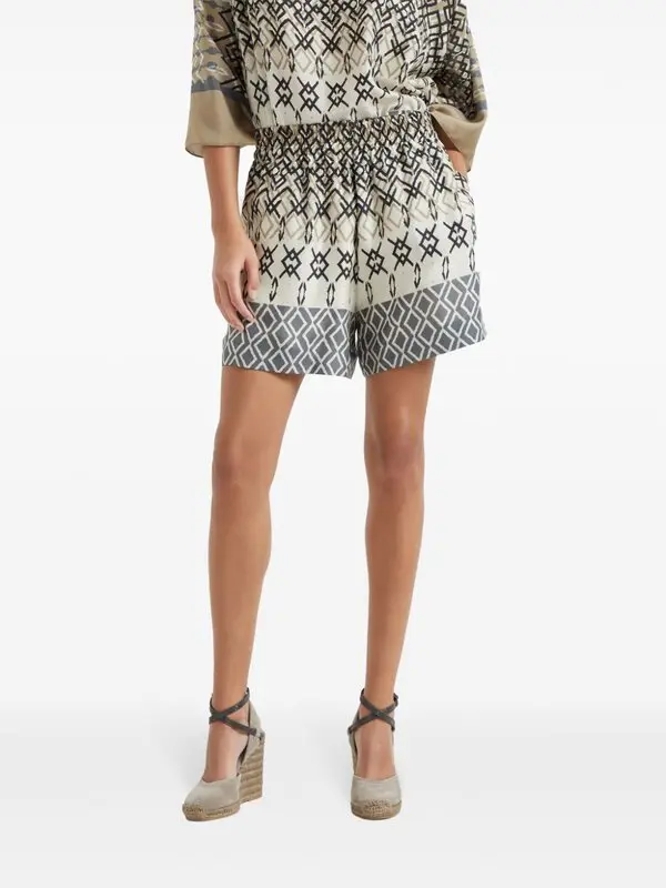 Brunello Cucinelli Geometric-pattern Silk Shorts - Brown