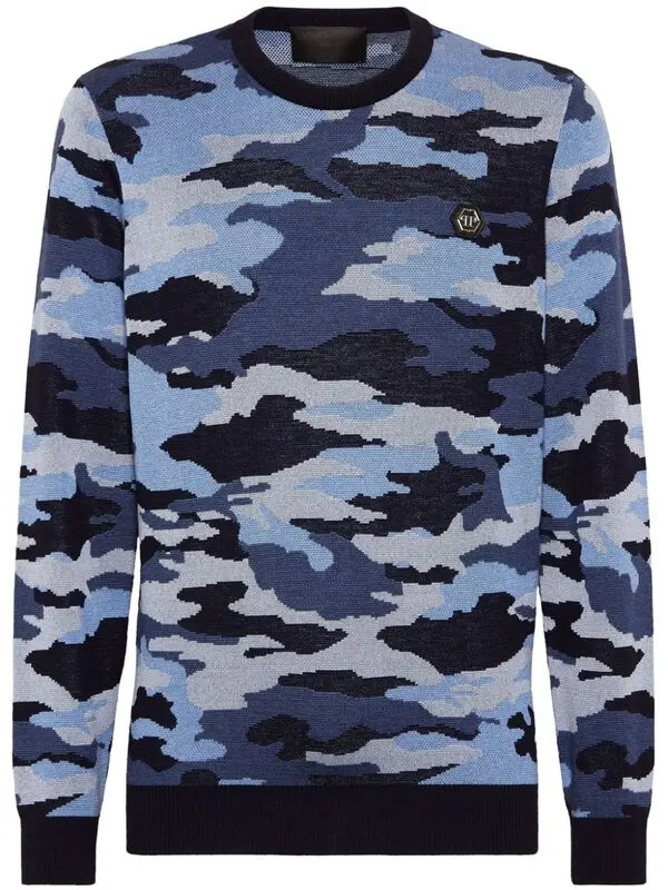 Philipp Plein Camouflage-pattern Merino Jumper - Blue