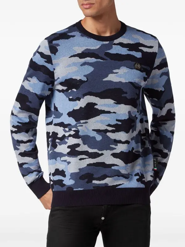 Philipp Plein Camouflage-pattern Merino Jumper - Blue